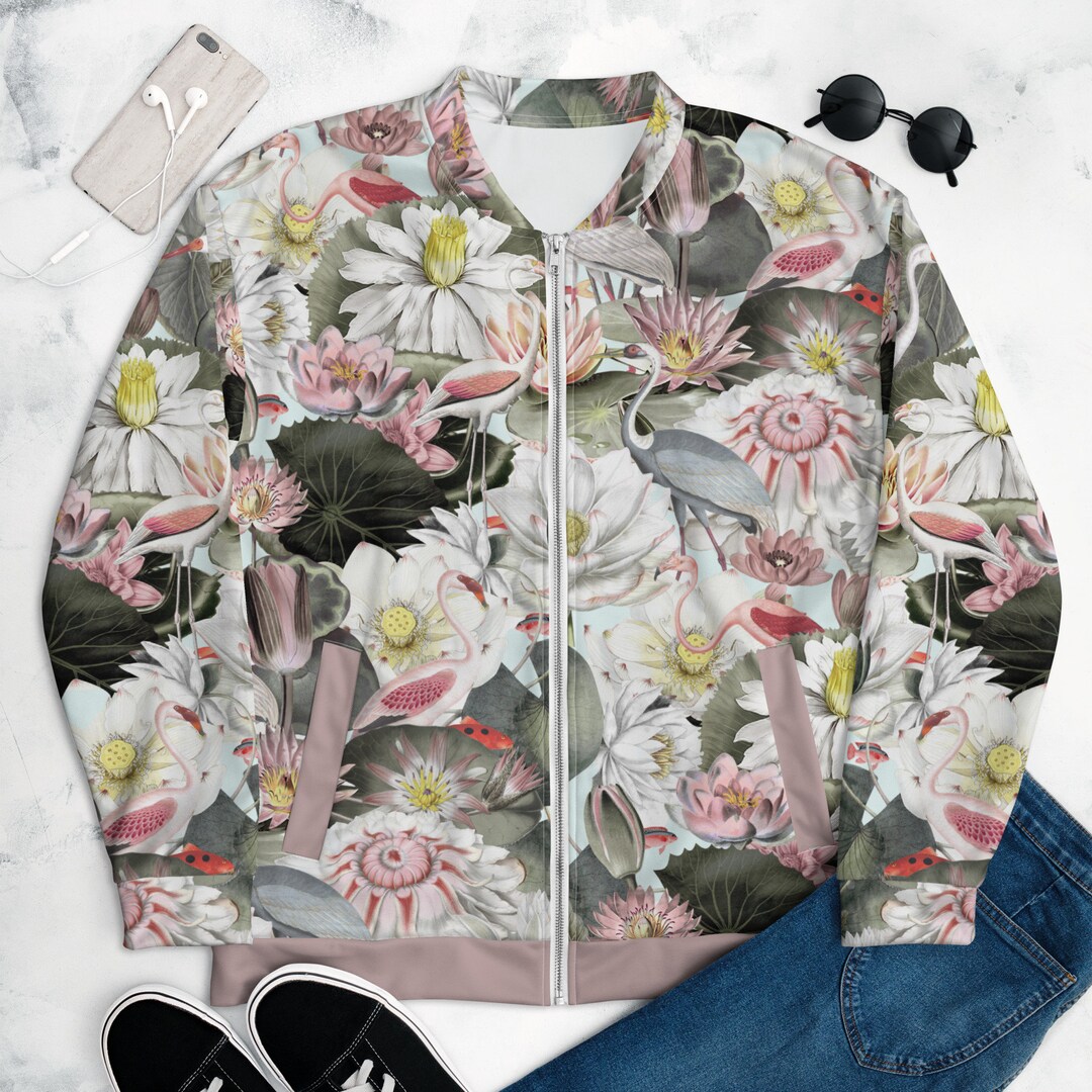 LOTUS GARDEN Bomber Jacket With Flowers Flamingo and Gold Fish, Lily ...