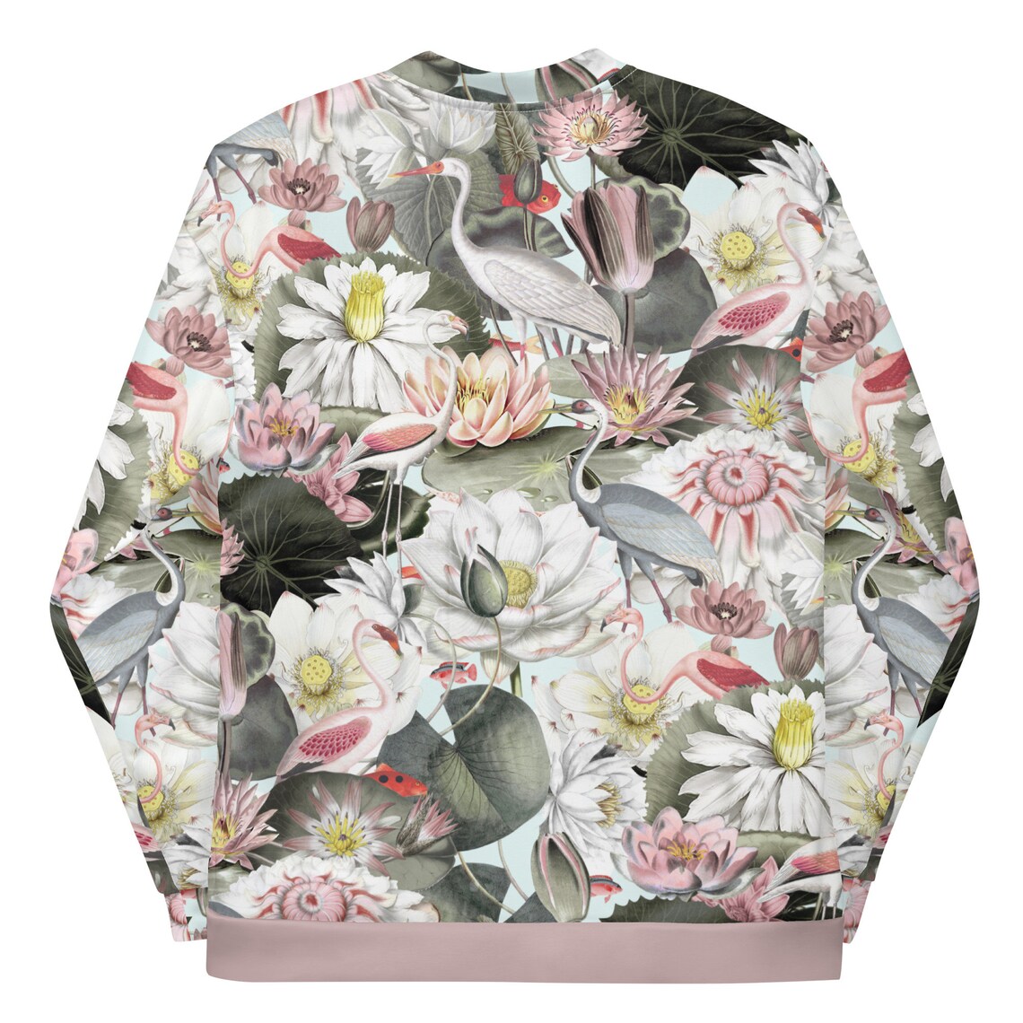 LOTUS GARDEN Bomber Jacket With Flowers Flamingo and Gold Fish, Lily ...