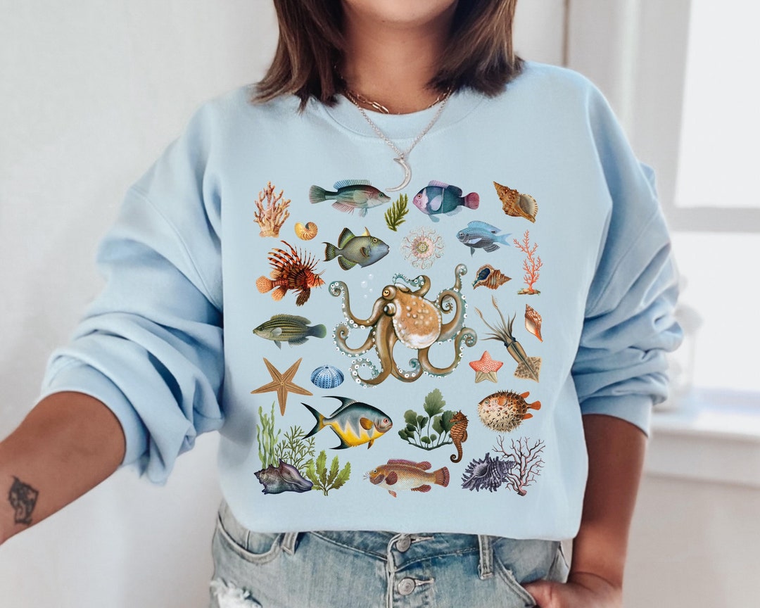 OCTOPUS & Colorful TROPICAL CORAL Reef Fishes Sweatshirt for Beach ...