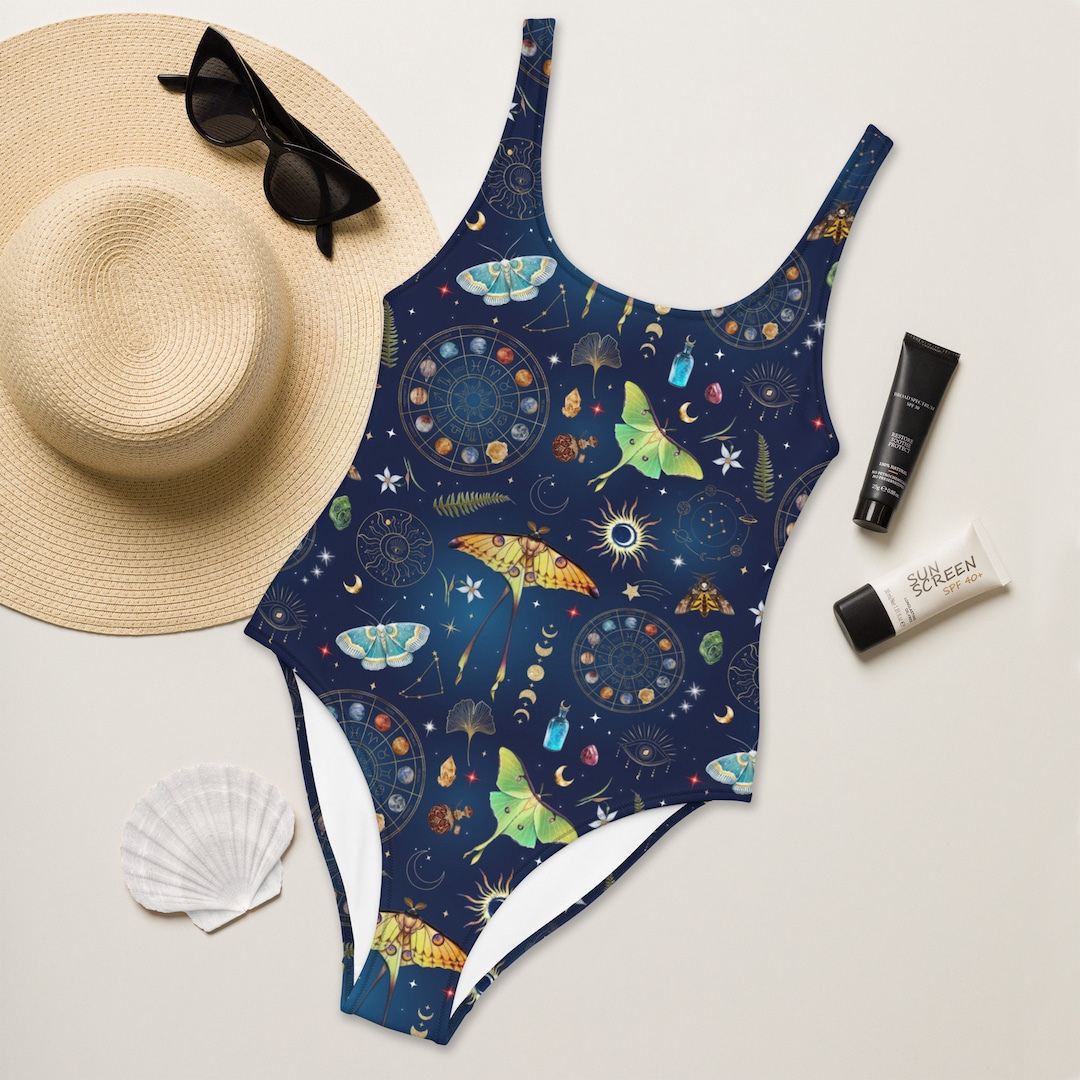 COSMIC FANTASY One-piece Swimsuit, CELESTIAL Swimming Suit, Mystical Moth Bathing Suit, Boho ...