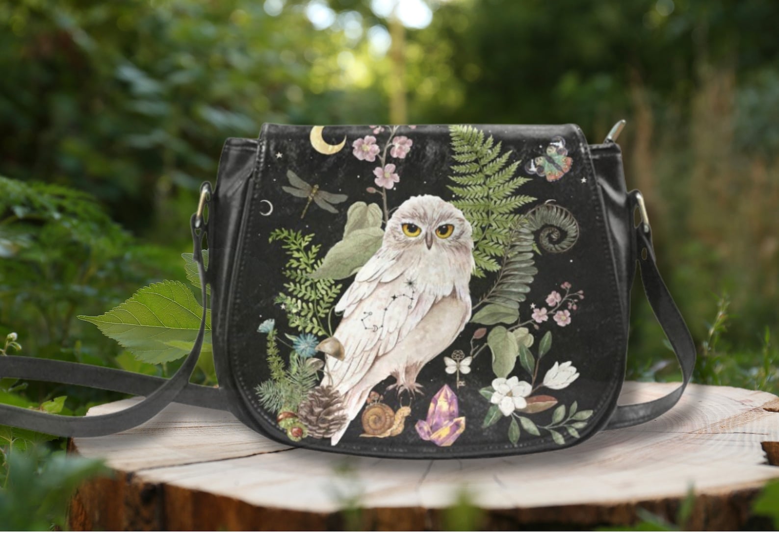 SNOWY OWL Crossbody Saddle Bag, Mystycal Owl Black Vegan Leather Bag ...