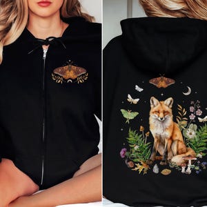 FOREST FOX Zip up Hoodie, Mystical Fox Hooded Sweatshirt, Cottagecore ...