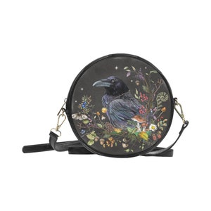 RAVEN Round Messenger Bag, Vegan Leather Crossbody Purse, Black Crow ...
