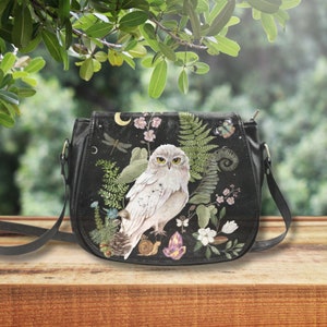 SNOWY OWL Crossbody Saddle Bag, Mystycal Owl Black Vegan Leather Bag ...