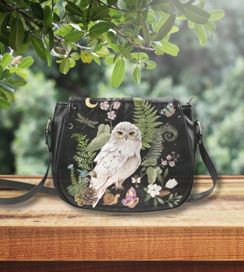 SNOWY OWL Crossbody Saddle Bag, Mystycal Owl Black Vegan Leather Bag ...