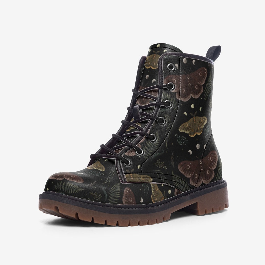 Magical Emperor Moth Vegan Leather Combat Boots, Moth & Moon Mystical ...