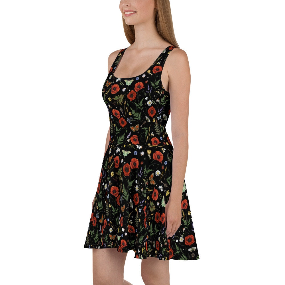 RED POPPIES All-over Print Skater Dress, FLORAL Summer Dress, Dark ...