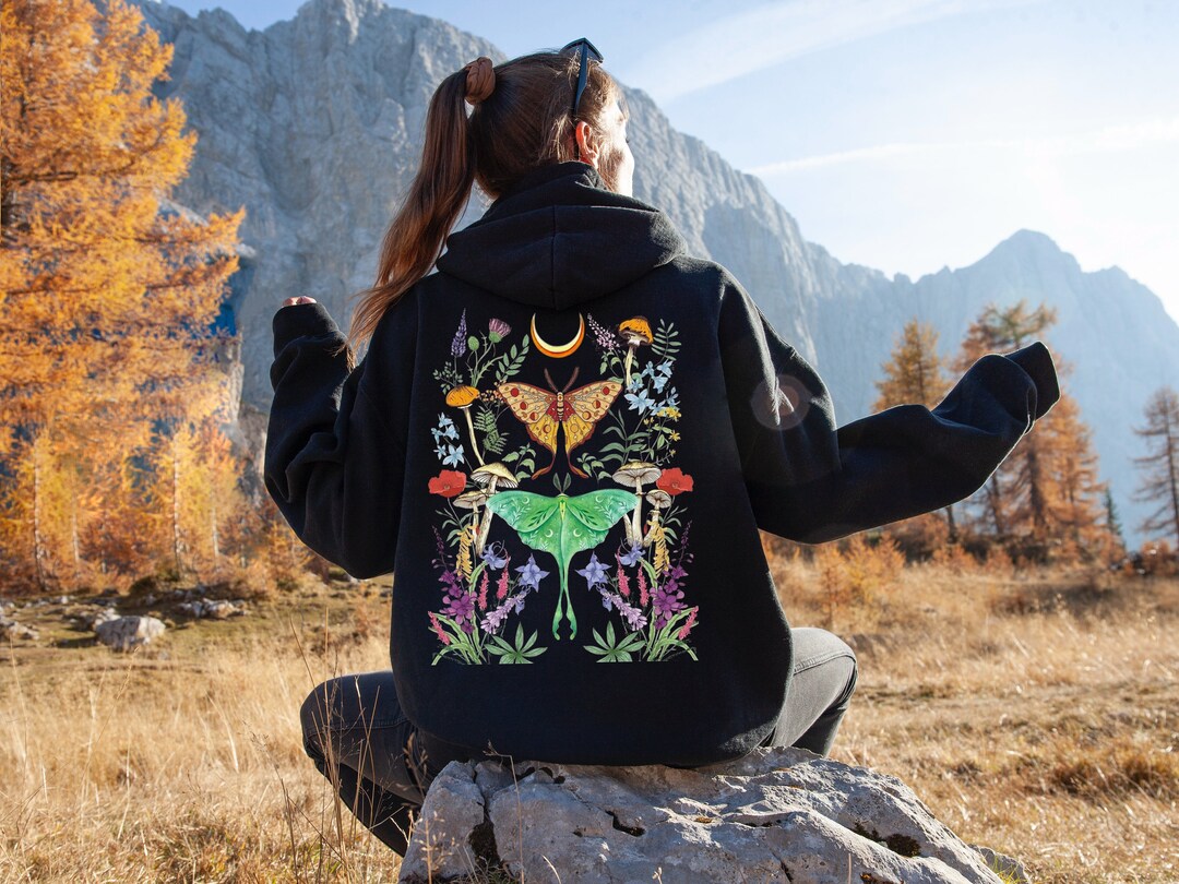 GARDEN MOTH Full Zip Hoodie With Moon Phases & Flowers, Floral ...