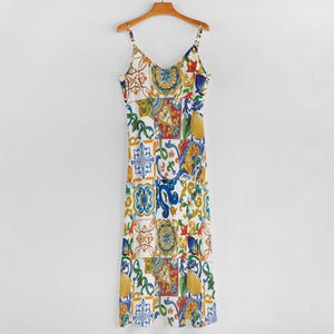 MAJOLICA Sling Dress, Italian Tiles Ankle Length Sundress, Colorful ...