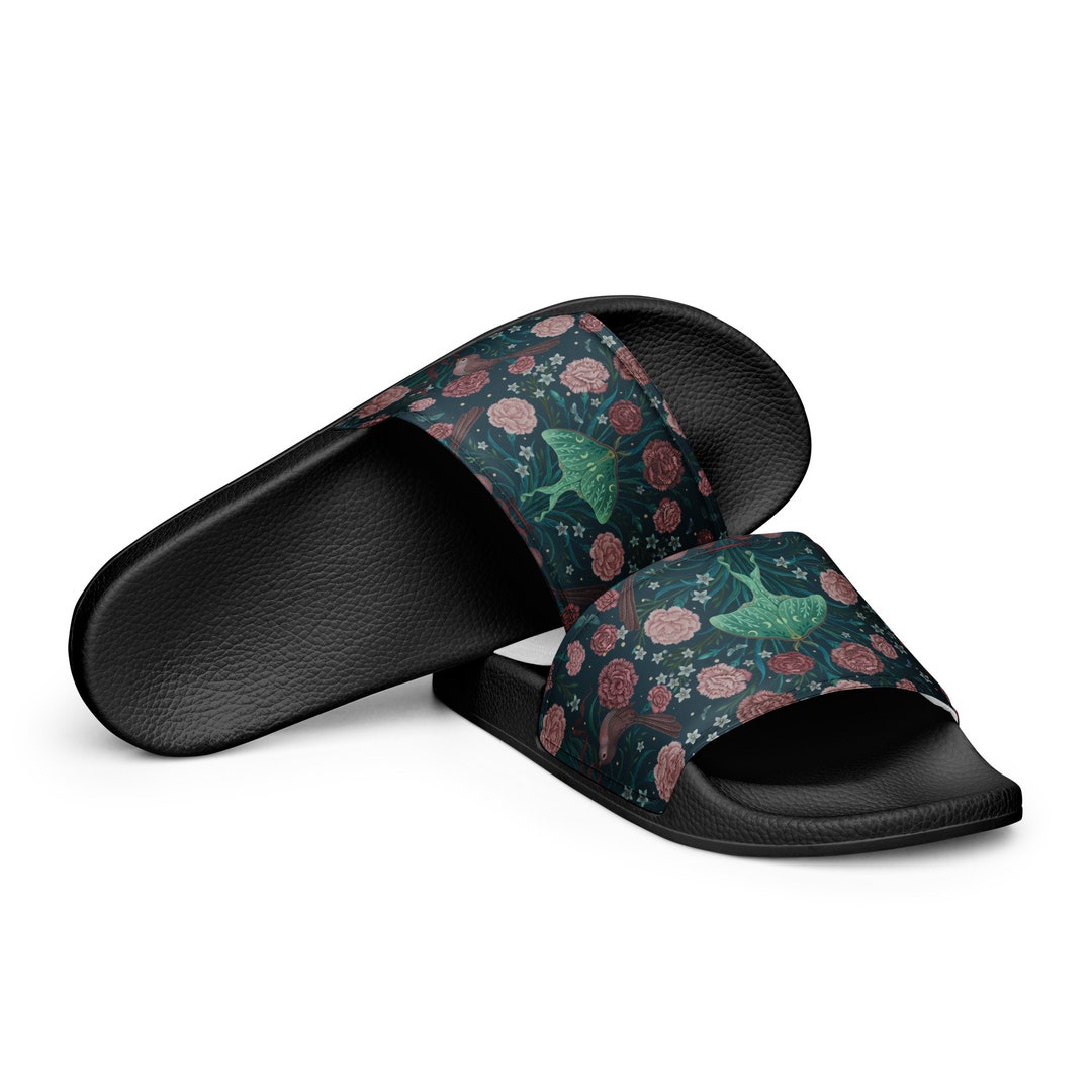 COTTAGECORE Slides Sandals With Green Luna Moth Birds & Carnation ...