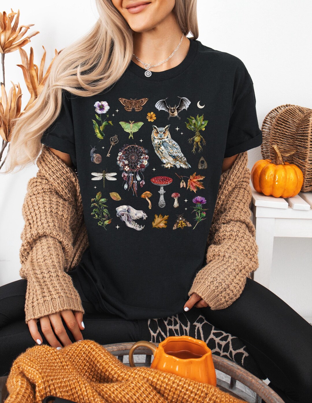 WITCHCORE T-shirt With Owl Bat Luna Moth Mushrooms Poisonous Plants ...