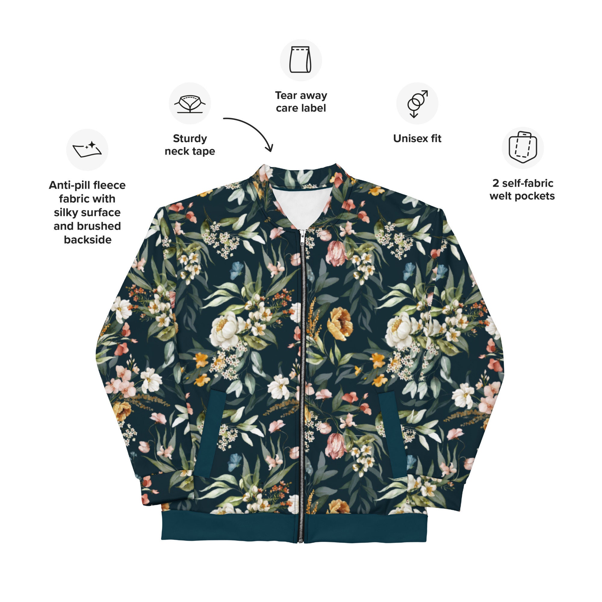 Boho Flowers Bomber Jacket, Floral Aesthetic Bomber Jacket, Bohemian ...