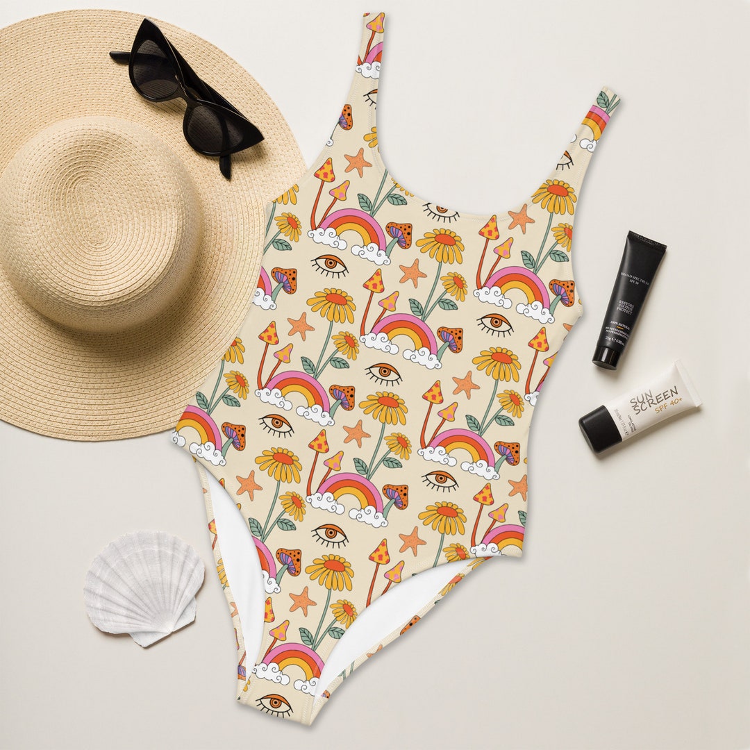 BOHO HIPPIE One-piece Swimsuit With Boho Rainbow Groovy Flowers and ...