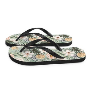 TROPICAL JUNGLE Flip-flops With Hibiscus Rose Flowers Pineapples & Palm ...