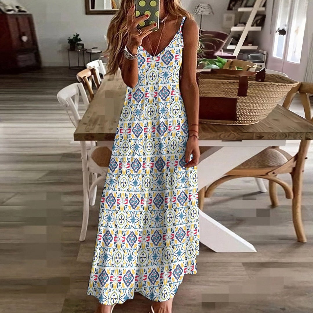 ITALIAN TILES Sling Dress, Mediterranean Sundress, Mozaic Ankle Length ...