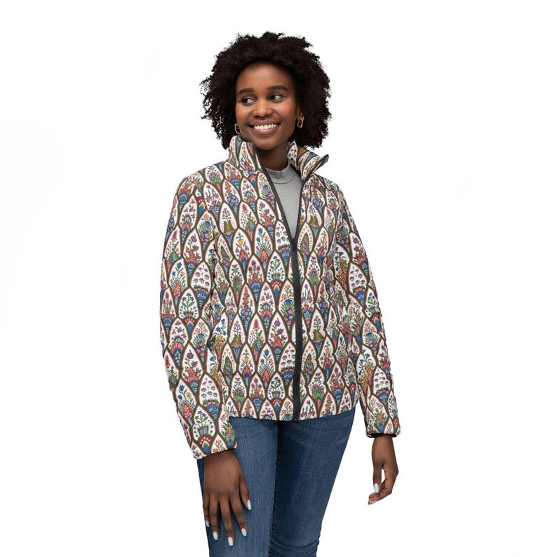 Floral Arches Puffy Jacket, Boho Flowers Puffer Jacket, Cottagecore Zip ...