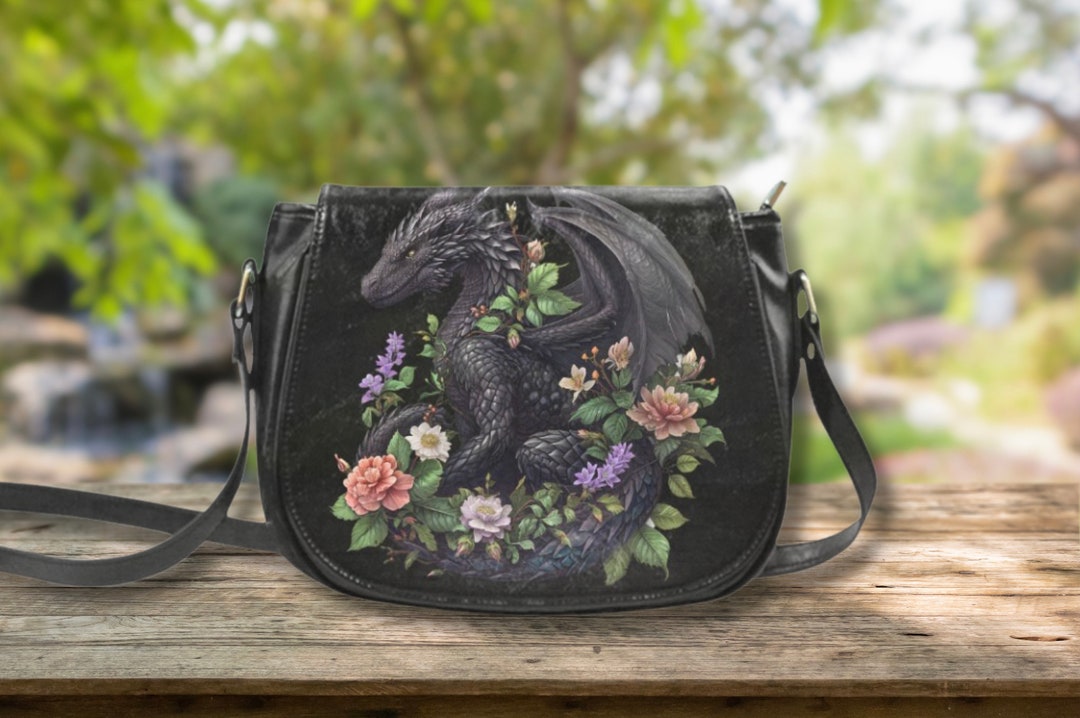 FANTASY DRAGON Crossbody Saddle Bag, Mystical Creature Black Vegan ...