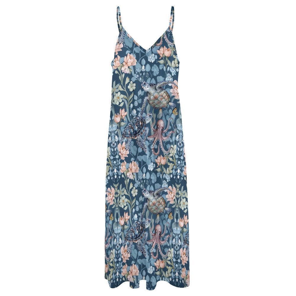 FLORAL TURTLE Summer Vacation Dress, Ocean Animals Maxi Dress, Octopus ...