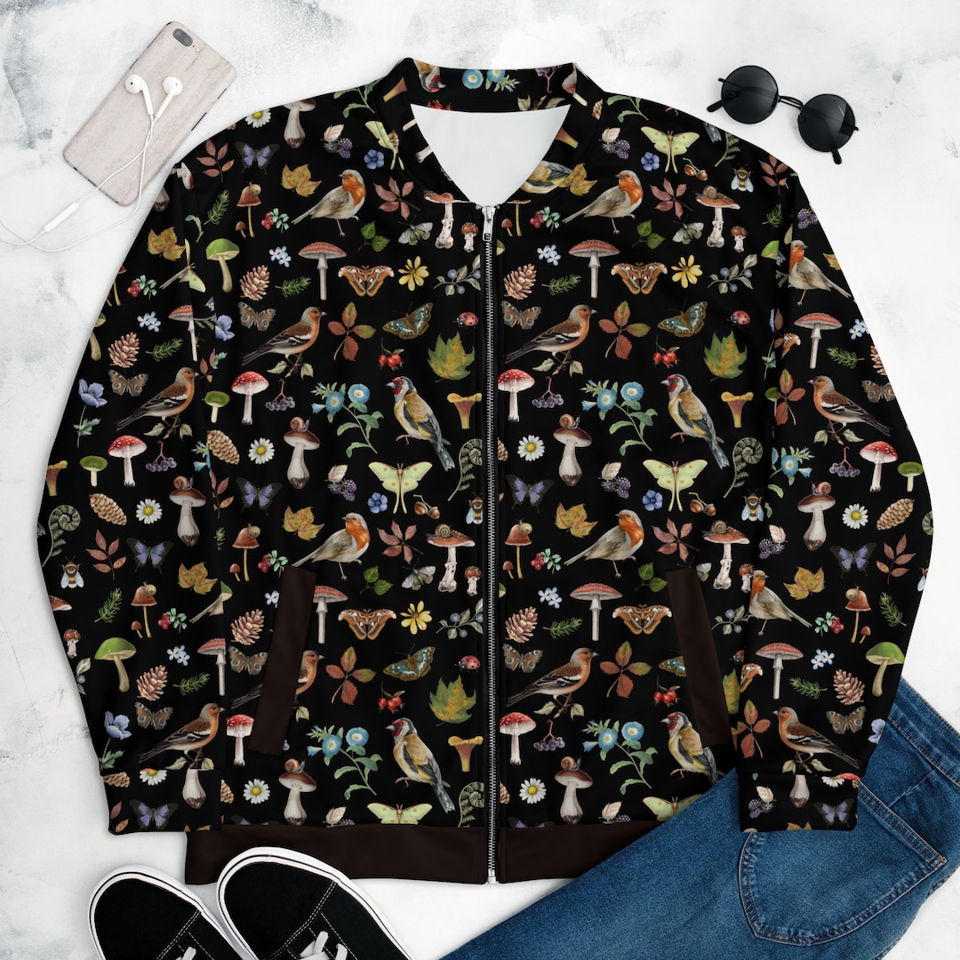 FOREST BIRDS Unisex Bomber Jacket With Birdsongs Butterflies Mushrooms ...