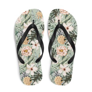 TROPICAL JUNGLE Flip-flops With Hibiscus Rose Flowers Pineapples & Palm ...