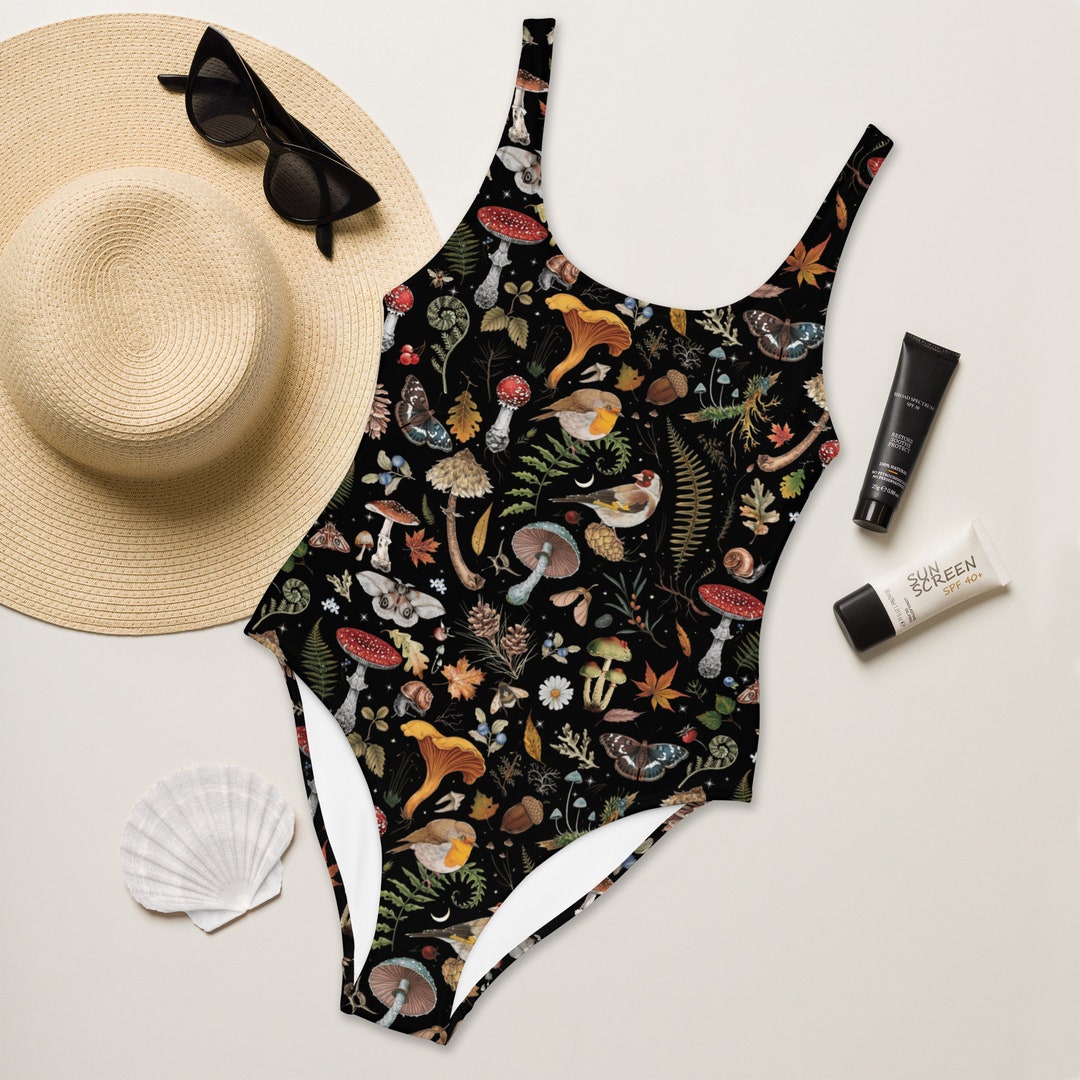 ENCHANTED FOREST One-piece Swimsuit With Birds Butterflies Mushrooms ...
