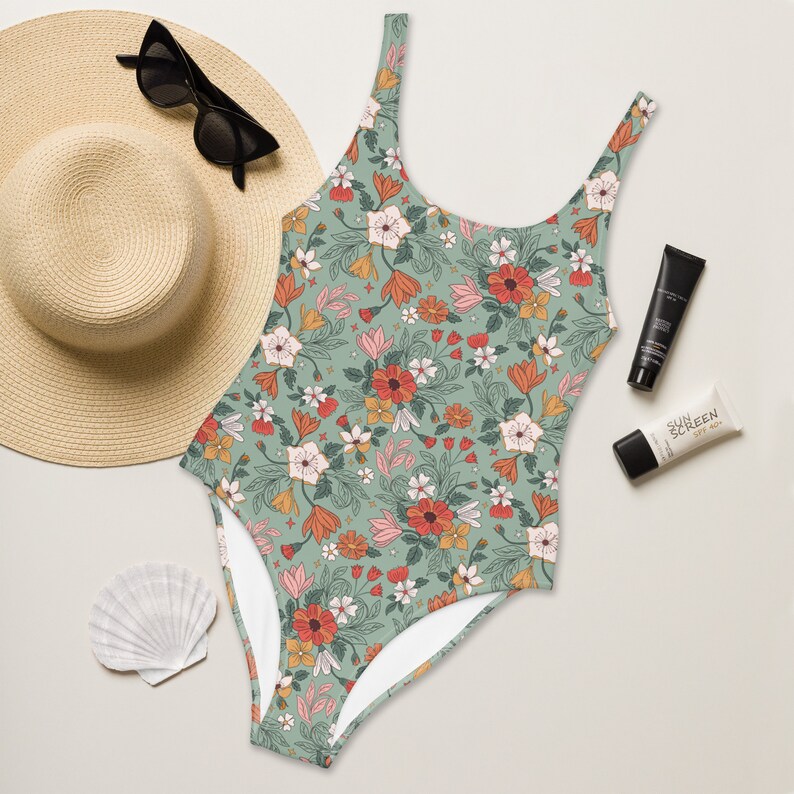 RETRO HIPPIE FLORAL One-piece Swimsuit, Boho Flowers Morris Style ...