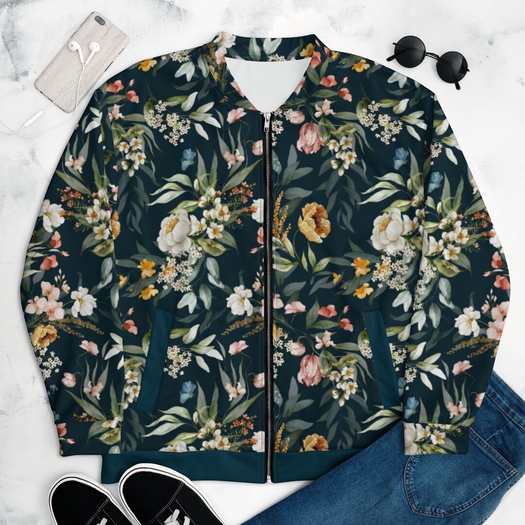 Boho Flowers Bomber Jacket, Floral Aesthetic Bomber Jacket, Bohemian ...