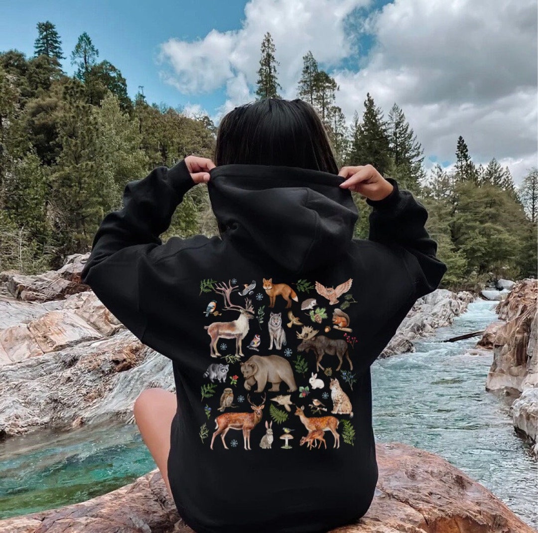 FOREST ANIMALS Zip up Hoodie With Deer Moose Bear Fox Wolf Lynx & Owl ...
