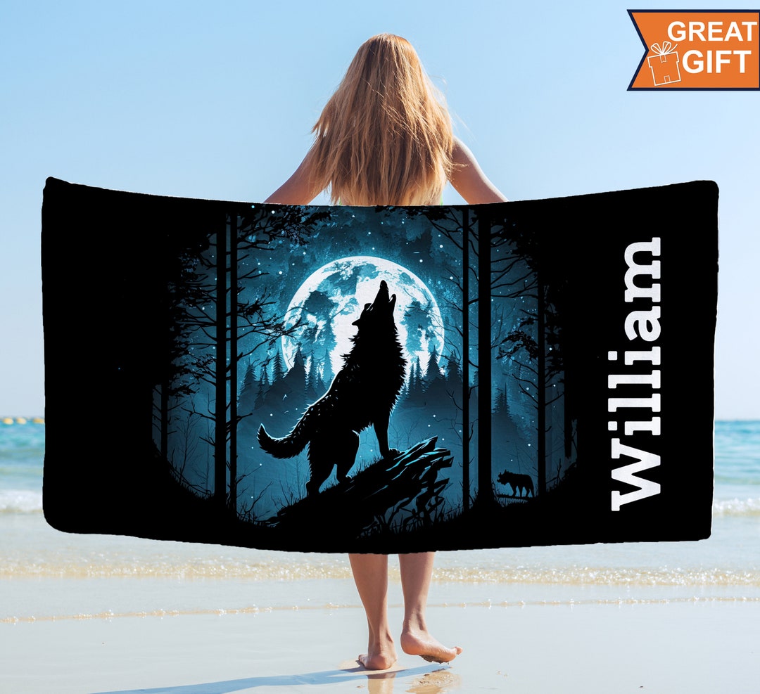 Custom Wolf Beach Towel, Personalized Beach Towel, Wolf Gift, Wolf ...