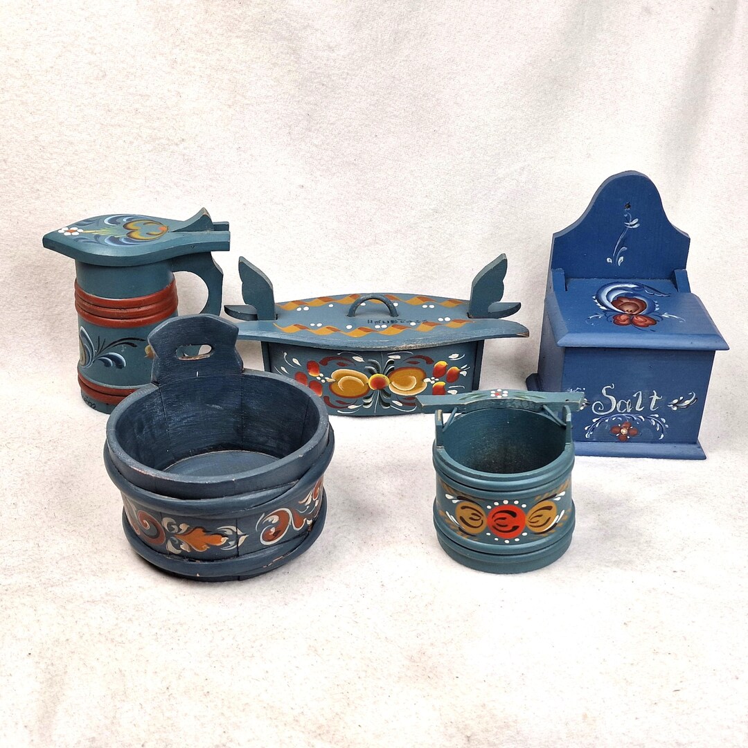 Scandinavian Folk Art Wooden Containers, Blue Hand-painted Rosemaling ...