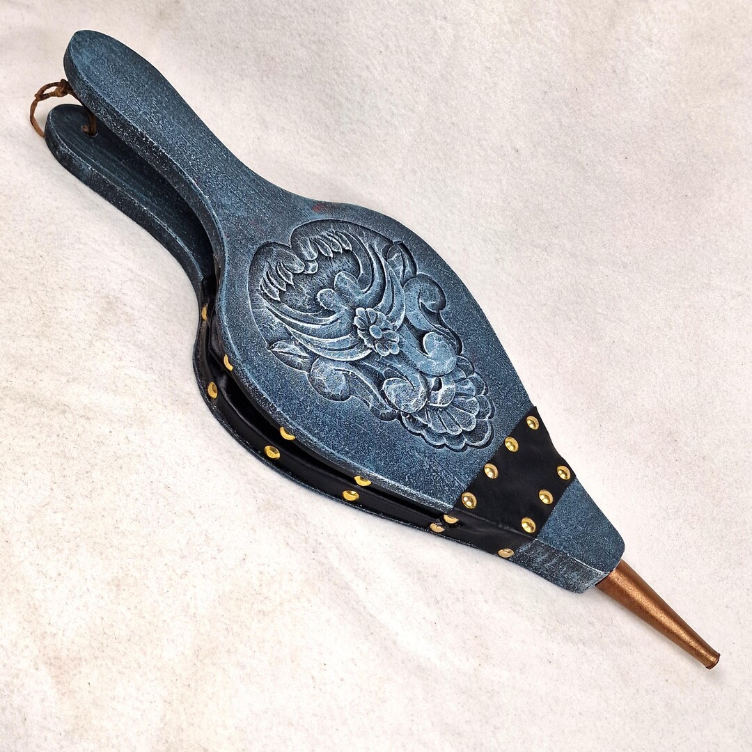 Hand Carved Blue Fireplace Bellows With Rosemaling Floral Pattern ...