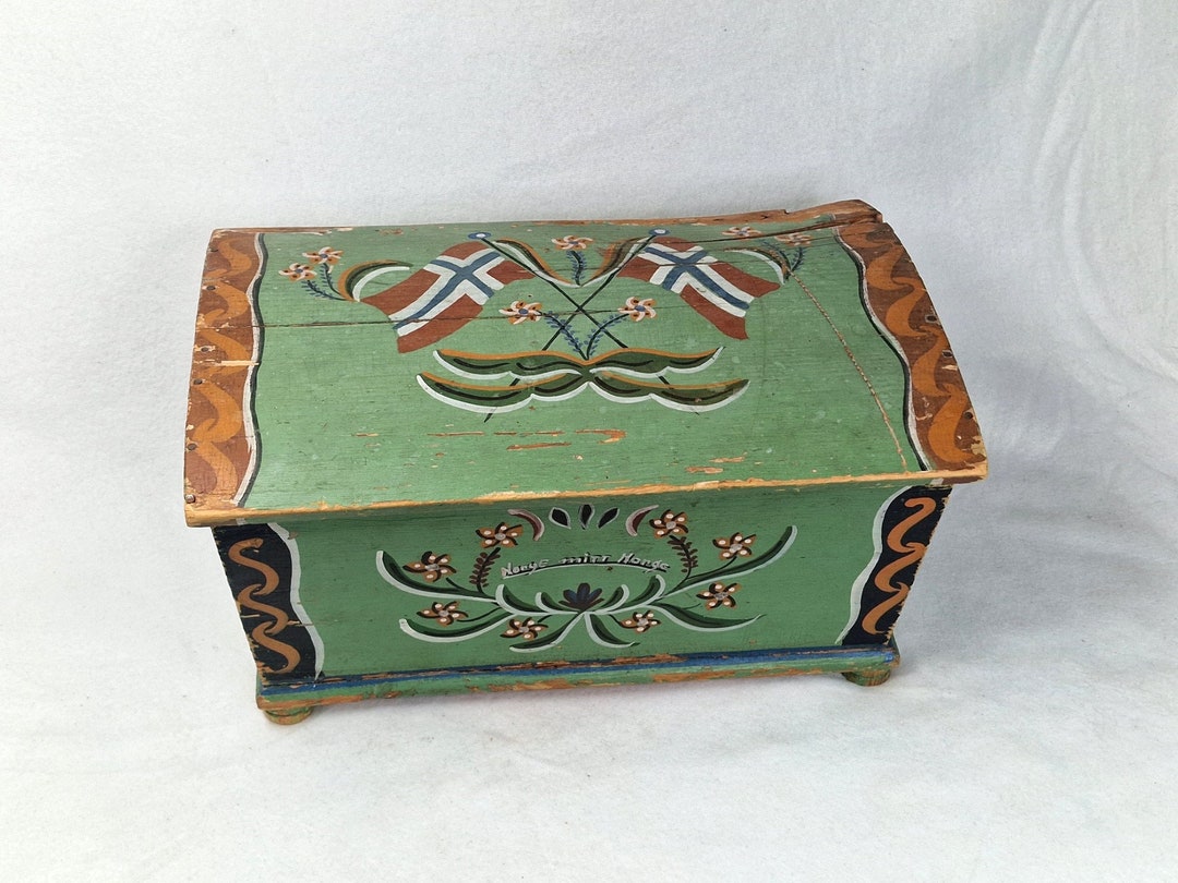 Hand Painted Wooden Chest Norge Norway. Trinket Box. Rustic Jewelry Box ...