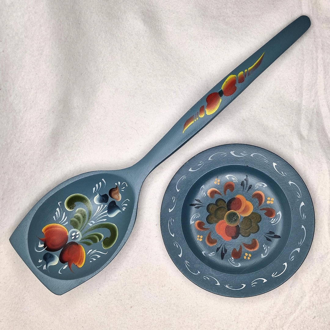 Handcarved Turned Wooden Spoon and Plate Set. Rosemaling Rosepainted ...