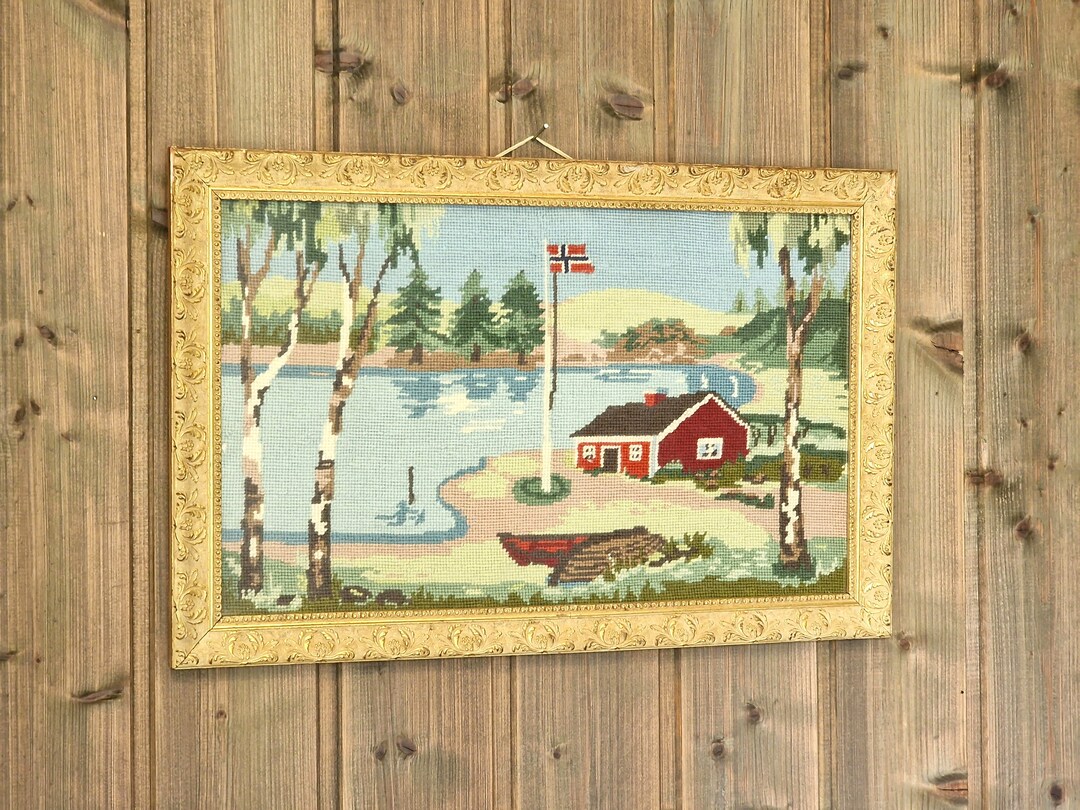 Norwegian Hand Embroidered Picture With Glass and Frame. Hand Stitched ...