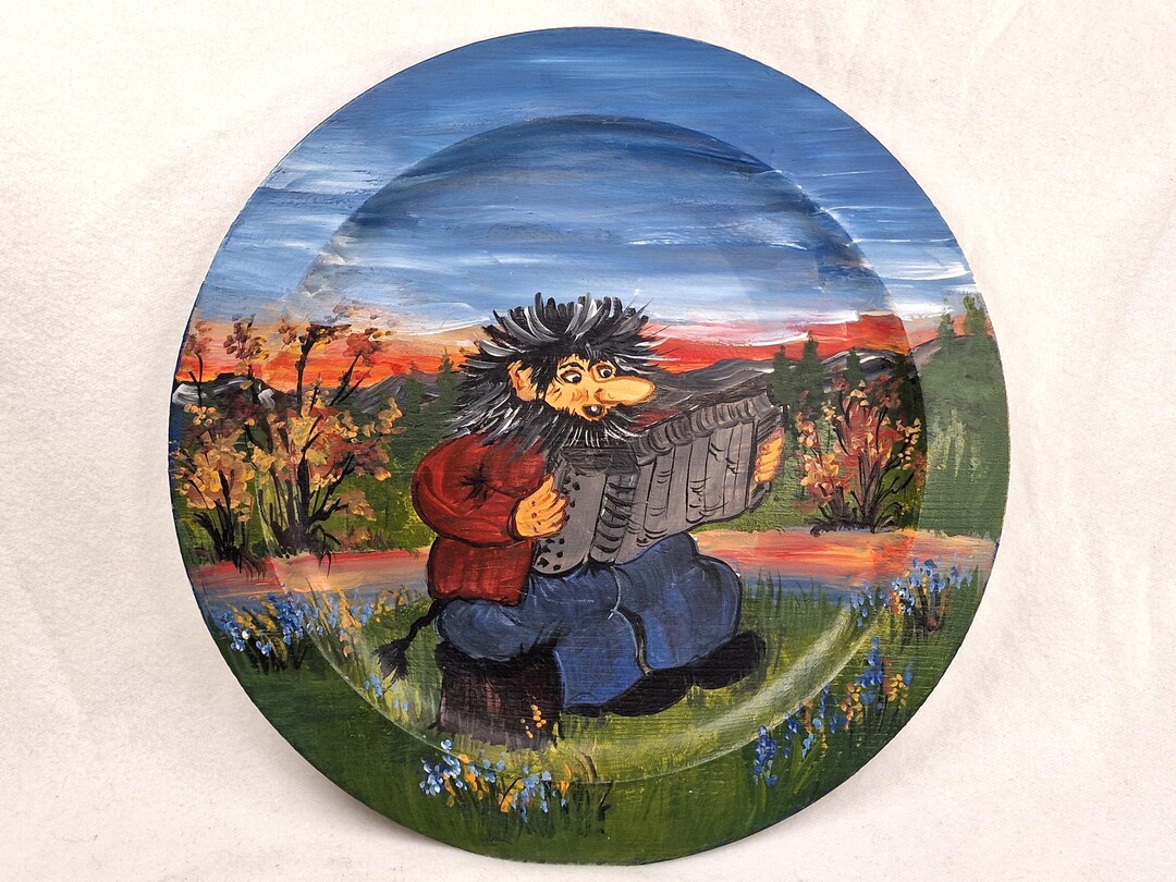 Large Painted Wooden Plate. Troll Playing the Accordion. Traditional ...
