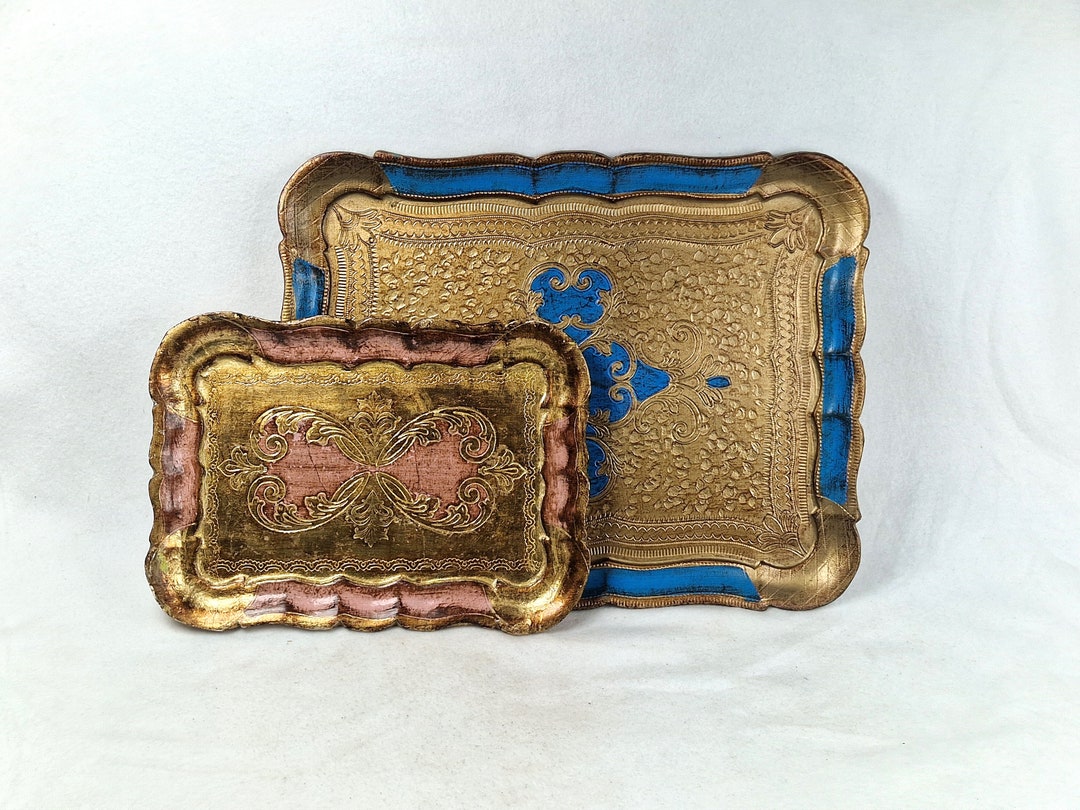 Florentine Trays. Vintage Italian Gold Handpainted Serving Trays. Set ...