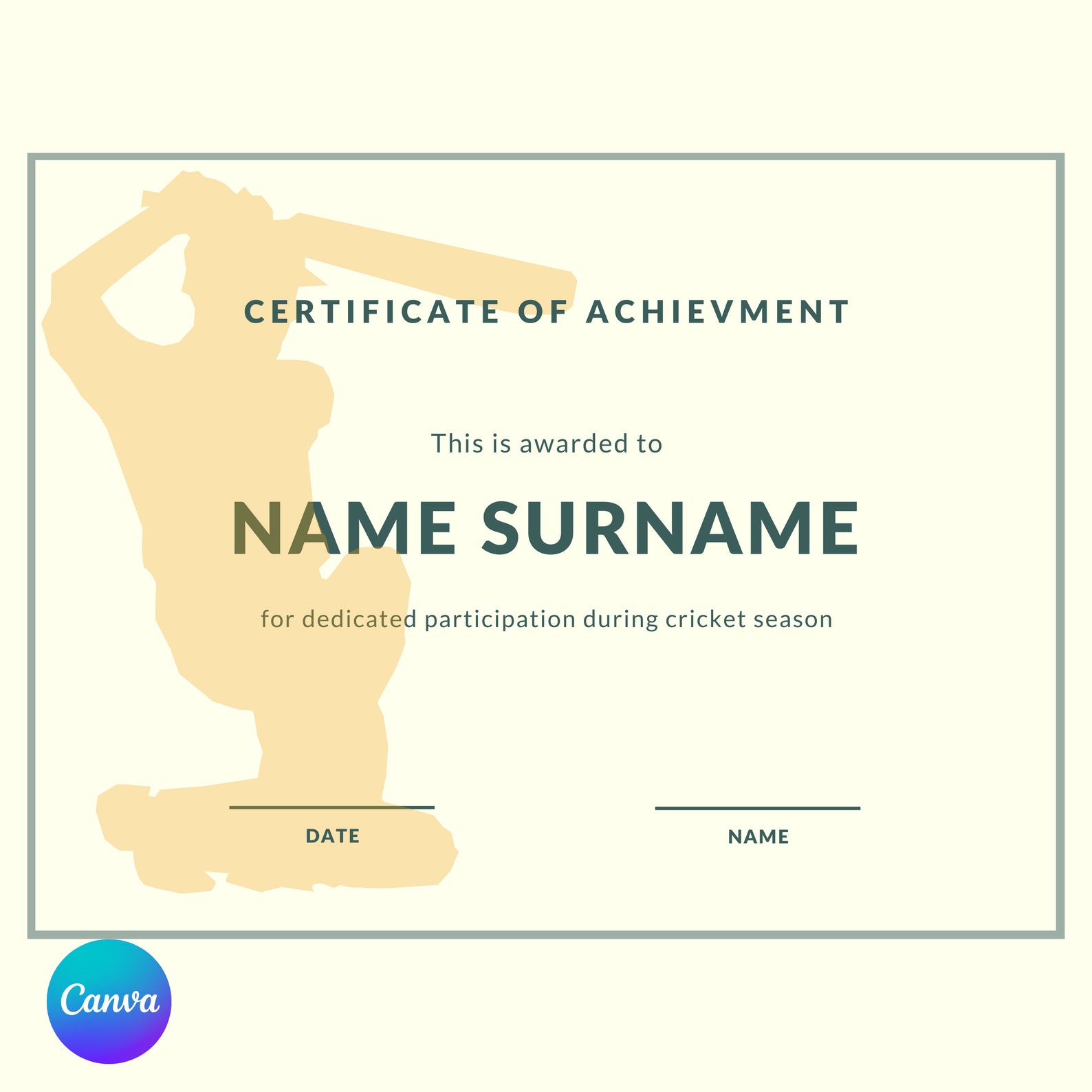 Editable Cricket Certificate, Canva Cricket Certificate Template ...