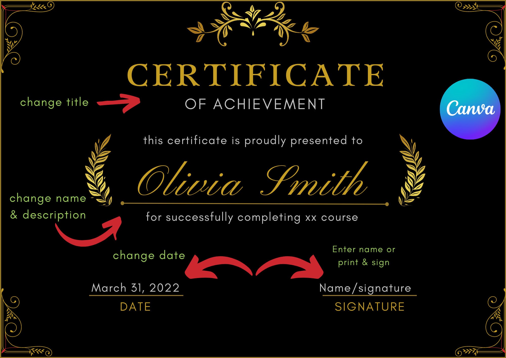 DIY Certificate of Completion Template, Editable Gold Canva Template ...