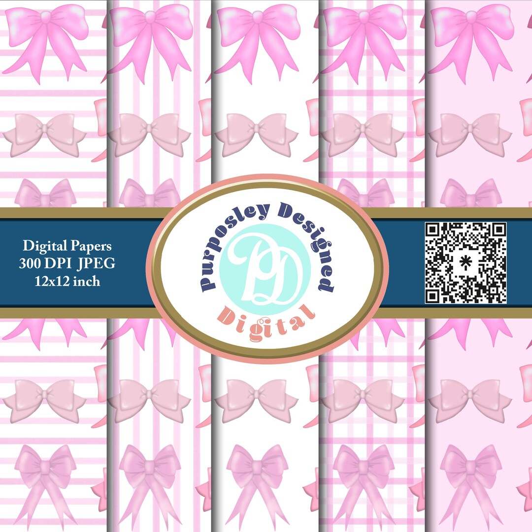 Bows Coquette Style Digital Paper Pack-5 Designs Total- 12x12 in 300 ...