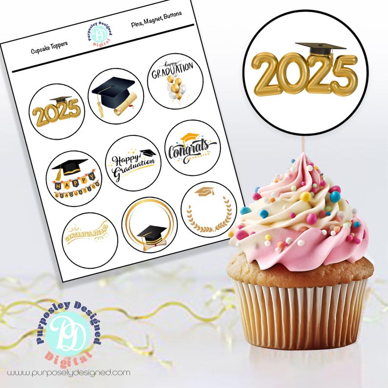 Editable Graduation Cupcake Toppers, Printable Black and Gold Round, 9 ...