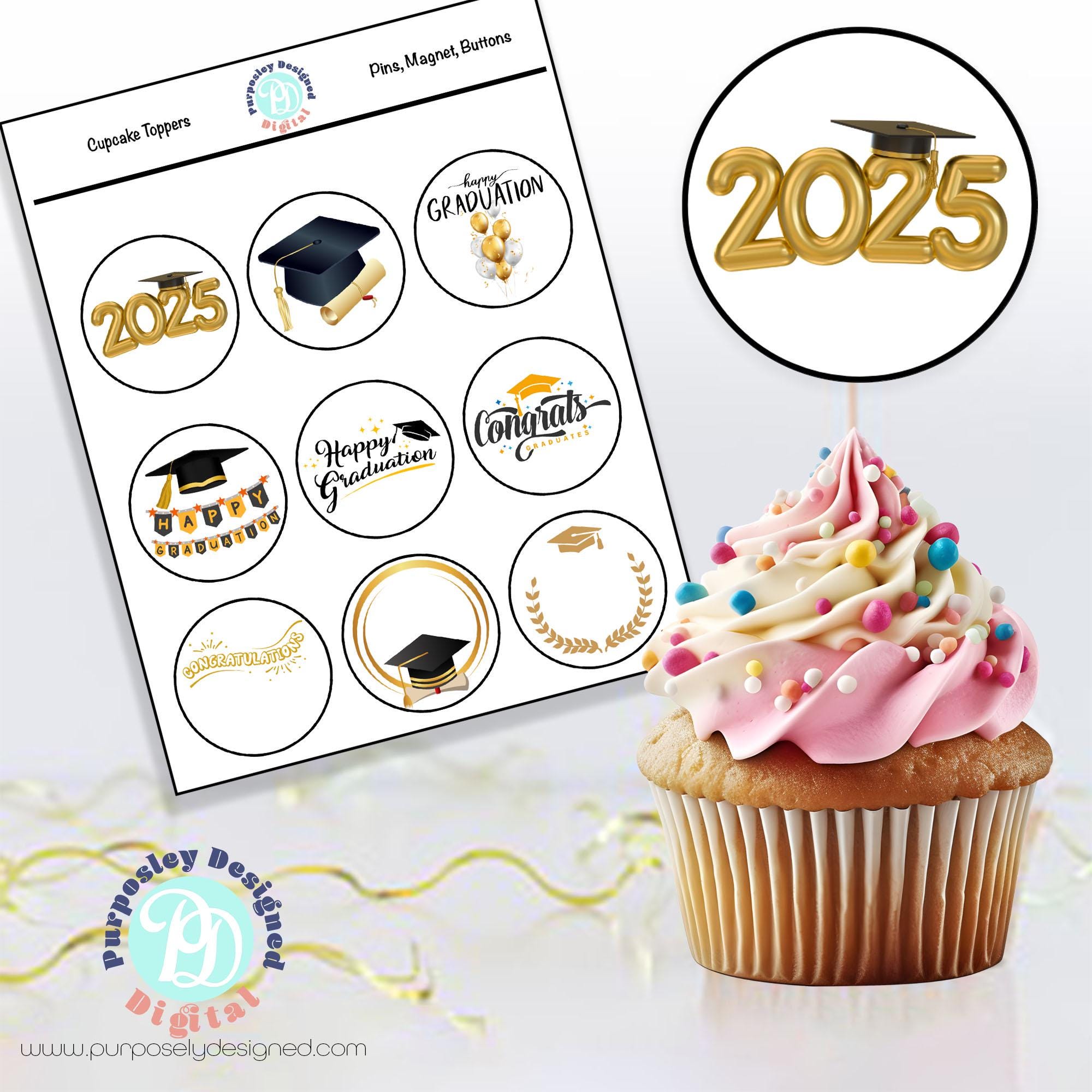 Editable Graduation Cupcake Toppers, Printable Black and Gold Round, 9 ...