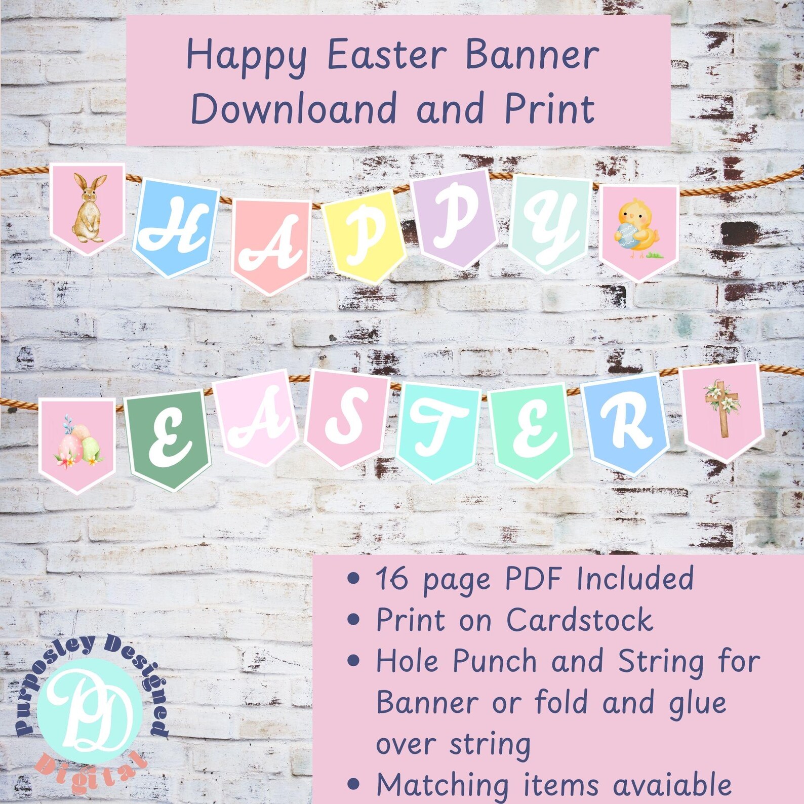 Happy Easter Banner, Pennant, Printable Pastel Colors-4 Easter Image ...