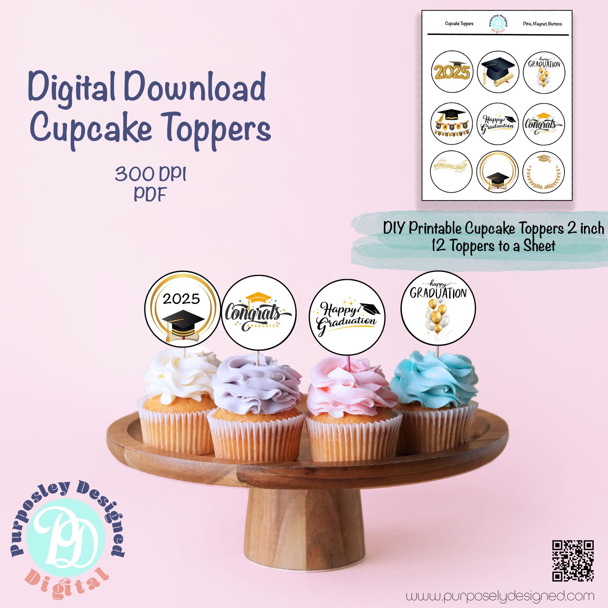 Editable Graduation Cupcake Toppers, Printable Black and Gold Round, 9 ...