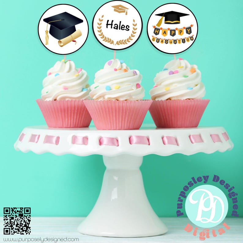 Editable Graduation Cupcake Toppers, Printable Black and Gold Round, 9 ...