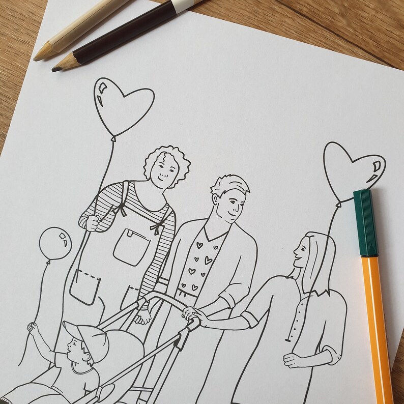 Coloring Page Multi-parent Family, Rainbow Family, Queer Family, Family ...