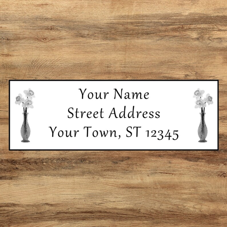Elegant Set of 30 Daffodil Flower Return Address Labels in Chic Black ...