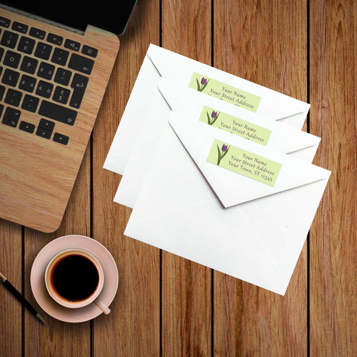 Custom Purple Tulip Correspondence Accessories, Set of 30 Vinyl Return ...