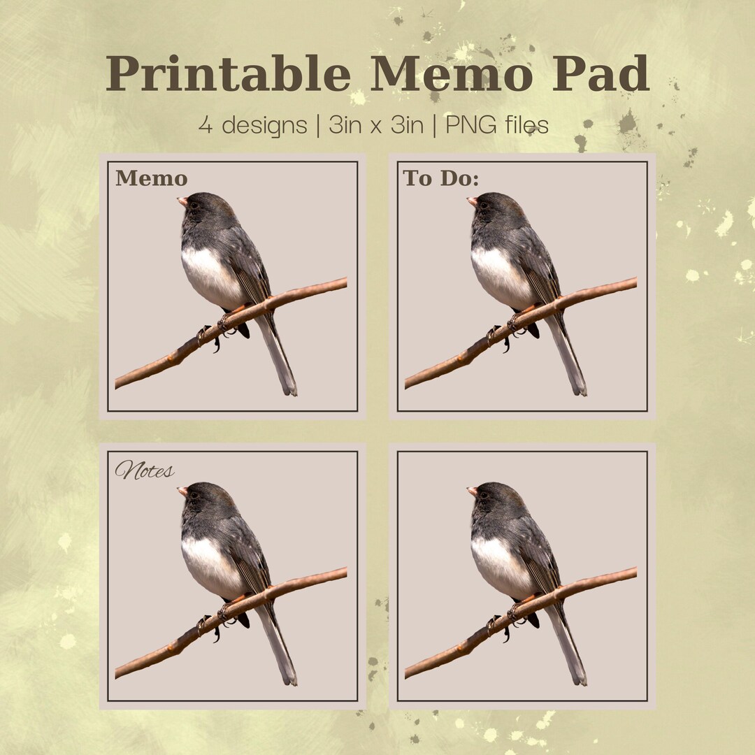 Junco Bird Memo Pad Digital, Backyard Bird Printable Sticky Notes ...