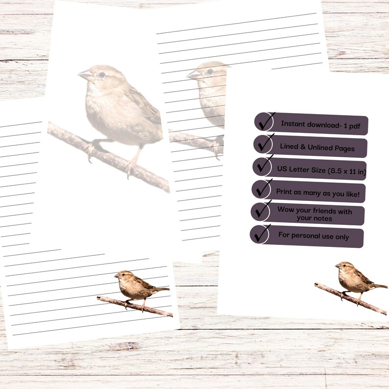 Sparrow Printable Notebook Paper, Cute Bird Stationery Set, Ruled Paper ...