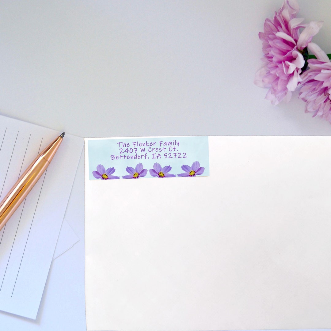 Purple Cosmos Flower Address Labels Stickers, Floral Address Labels ...